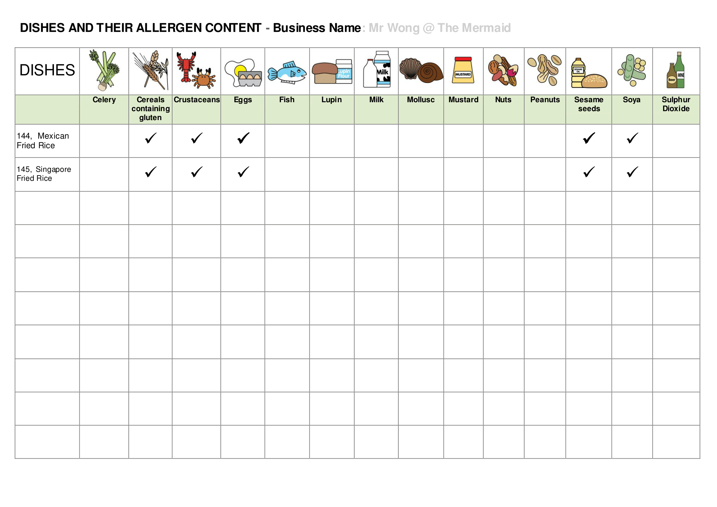 Printable Allergen Matrix
